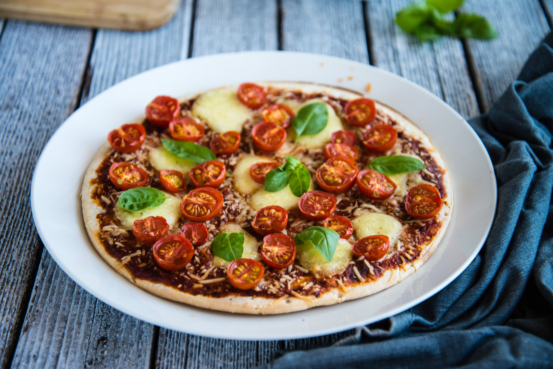 Cherry Tomato, Mozzarella and Fresh Basil Pizza - The Hungry Australian